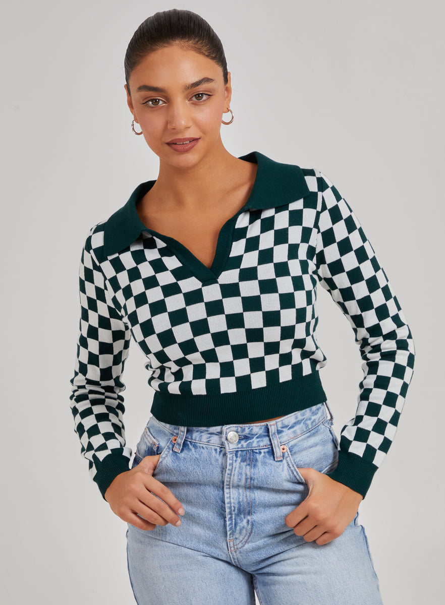 Notch Collar Checkered Top | Pink Vanilla