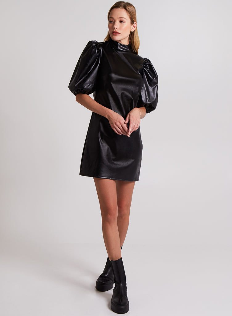 High Neck Balloon Sleeve Faux Leather Dress | Pink Vanilla